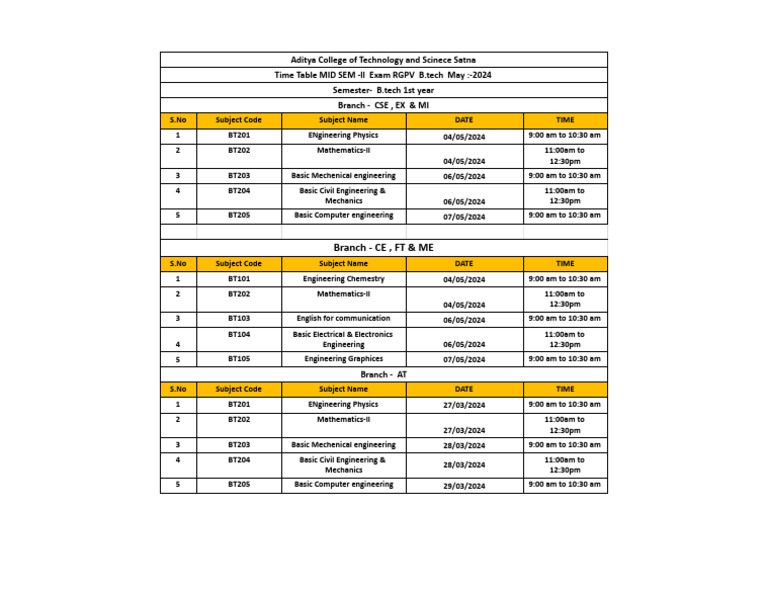 B.tech First Year Mid-Ll Time Table 2024 | PDF | Engineering ...
