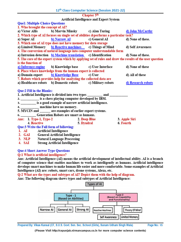 12 Class Computer Science (Session 2021-22) : D) John Mccarthy B) Narrow Ai B) Reactive Machines ...