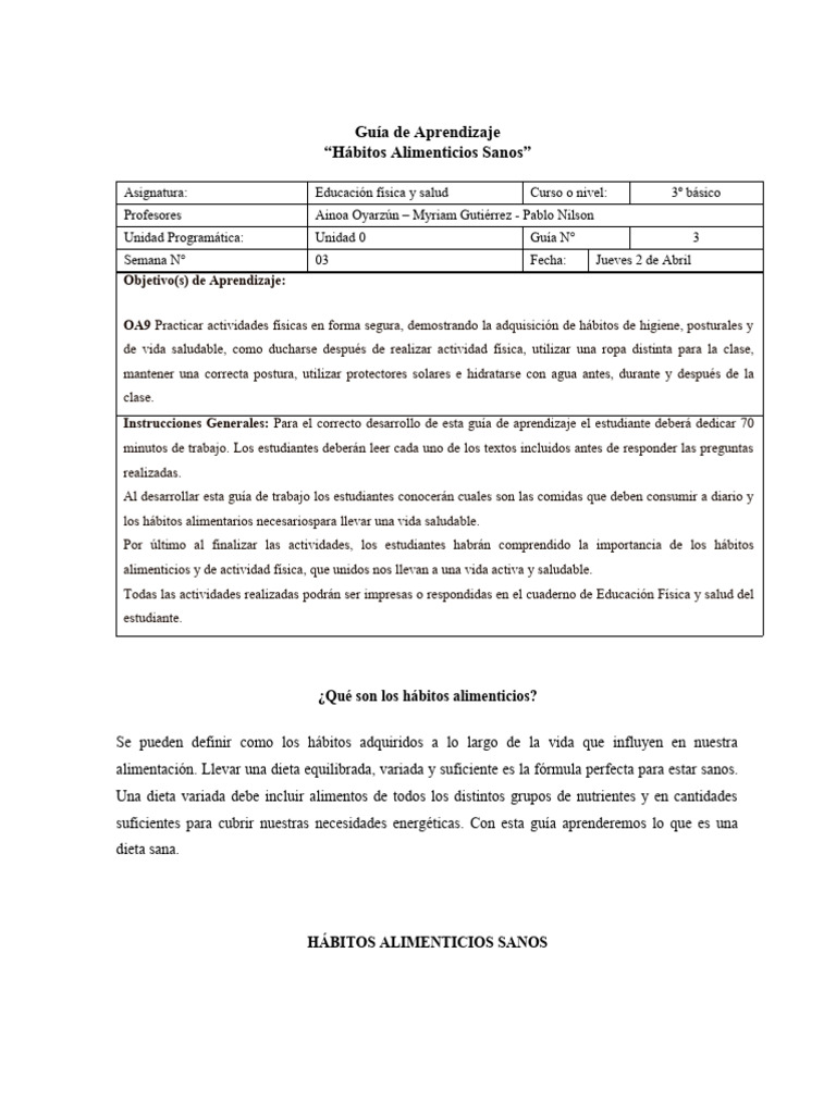 Guía 3 Habitos Alimenticios Sanos 3º Basico Pdf Nutrientes