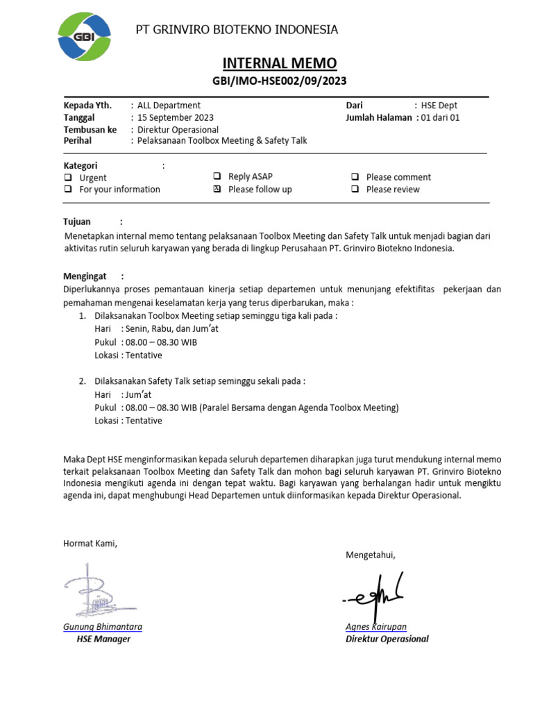 GBI IMO-HSE002 09 2023 - TBM Dan Safety Talk | PDF | Teknologi & Rekayasa