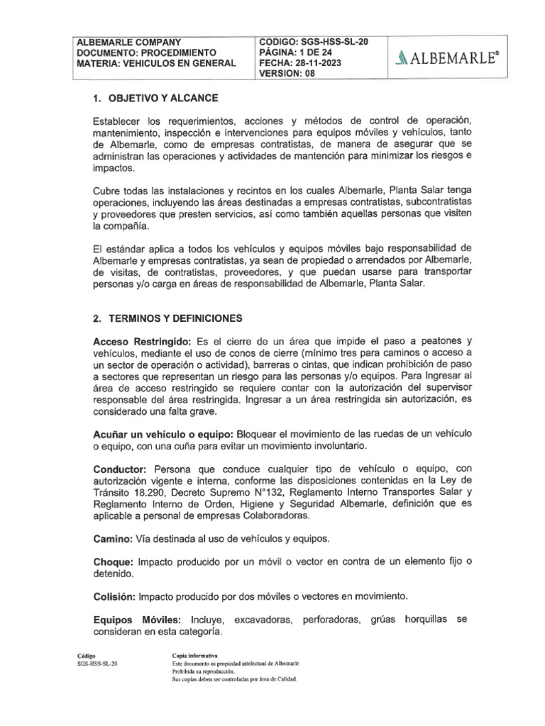 SGS-HSS-SL-20 Procedimento de Vehiculos en General V8 | PDF
