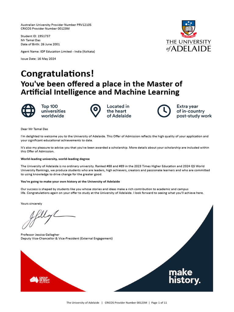 Unconditional Offer Letter University of Adelaide | PDF | Credit Card ...