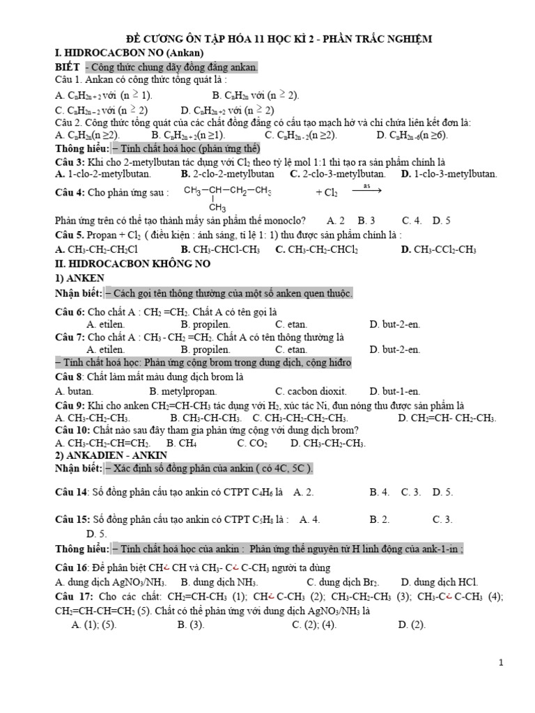 De Cuong Hoa Hoc 11 HKII | PDF