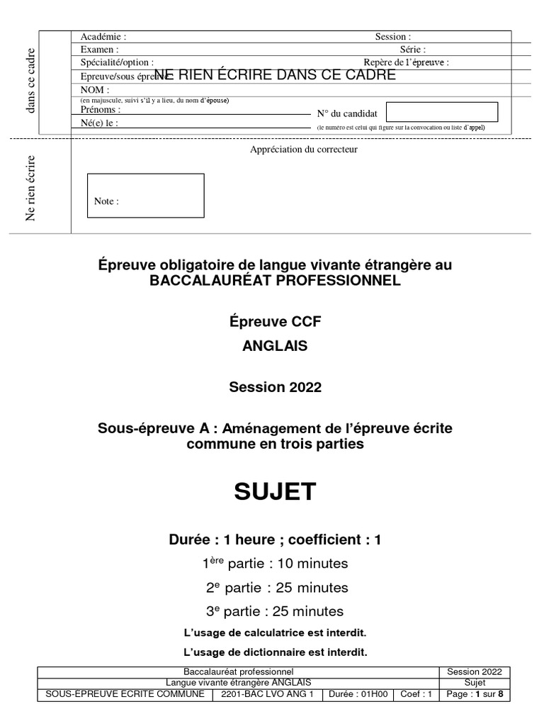 CCF Anglais Bac Pro 2022 : Sujet et Consignes | PDF