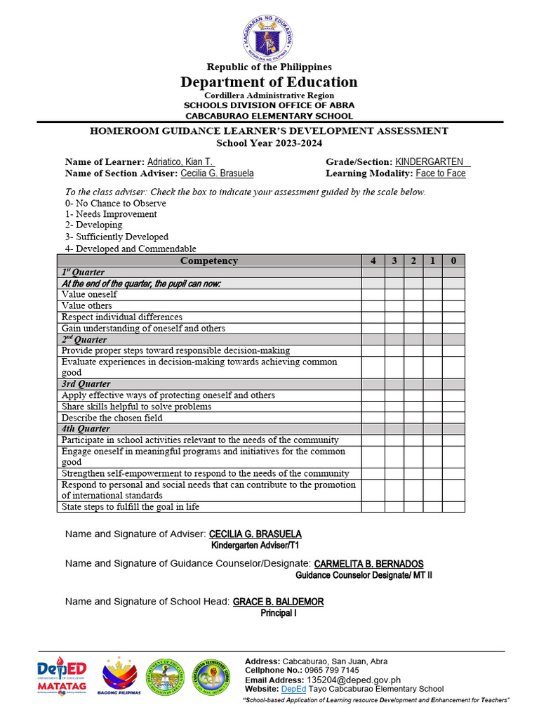 HG Kinder For SF10 | PDF | Learning | Teachers