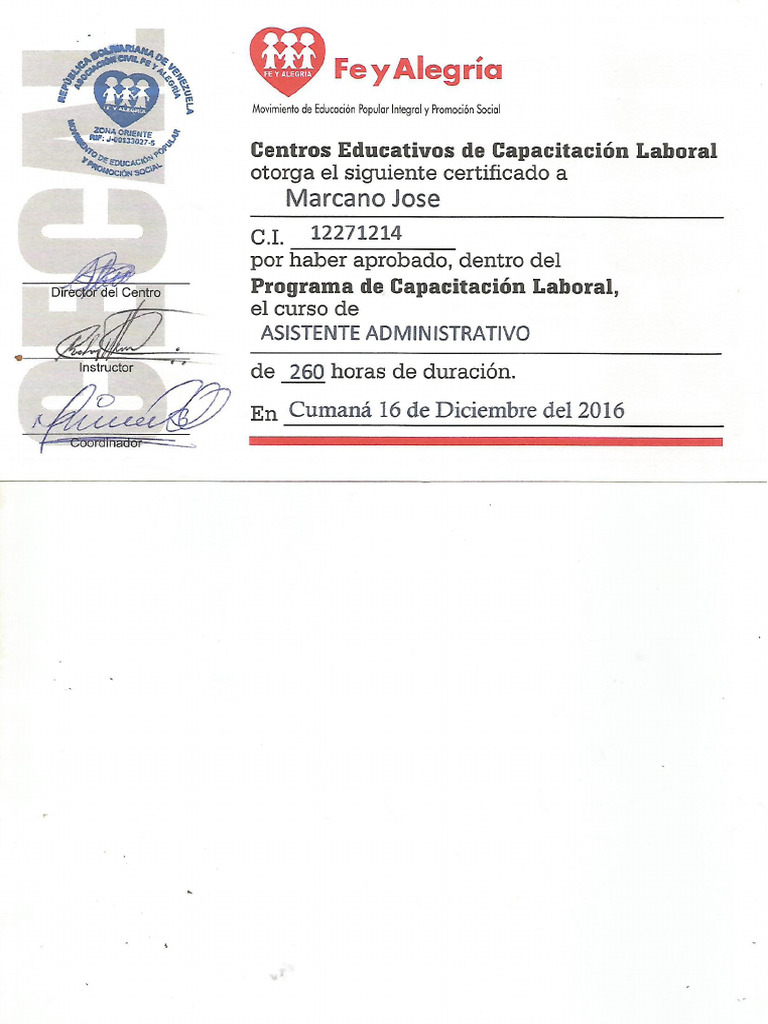 Certificado Asistente Administrativo | PDF