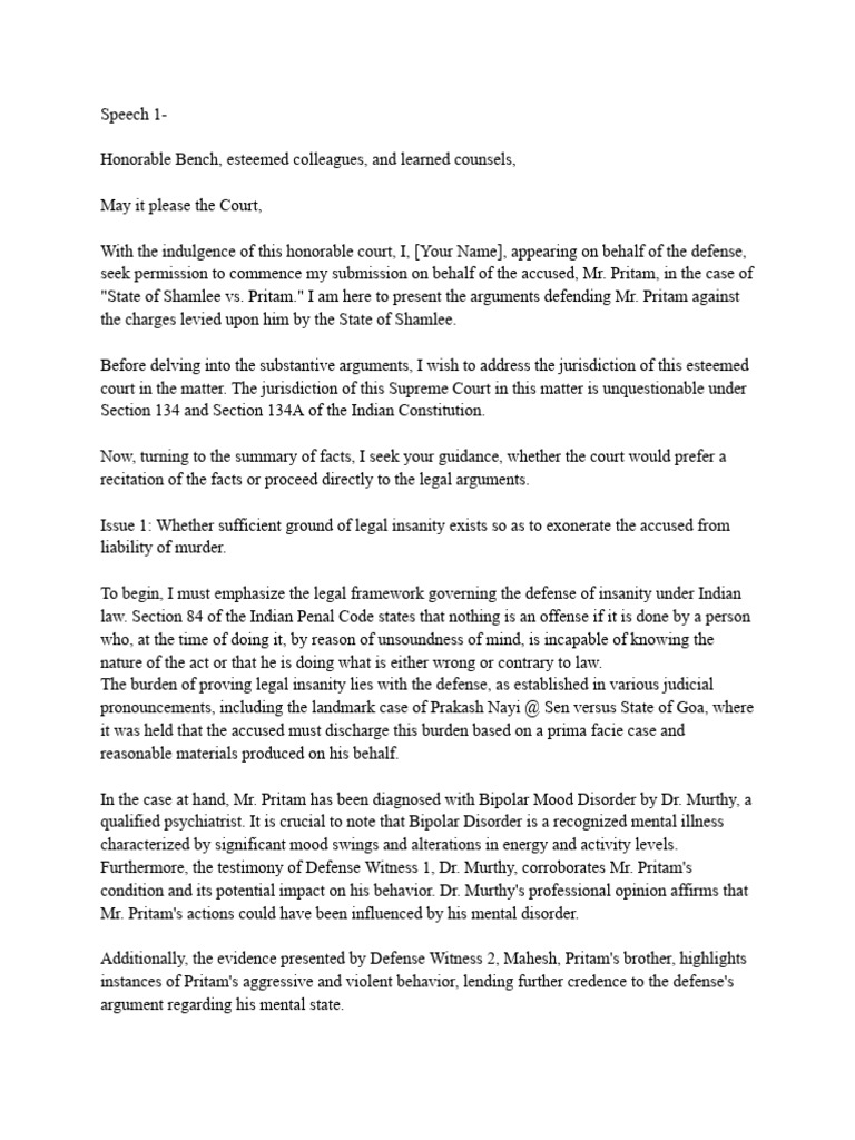 Moot Speech | PDF | Insanity Defense | Burden Of Proof (Law)