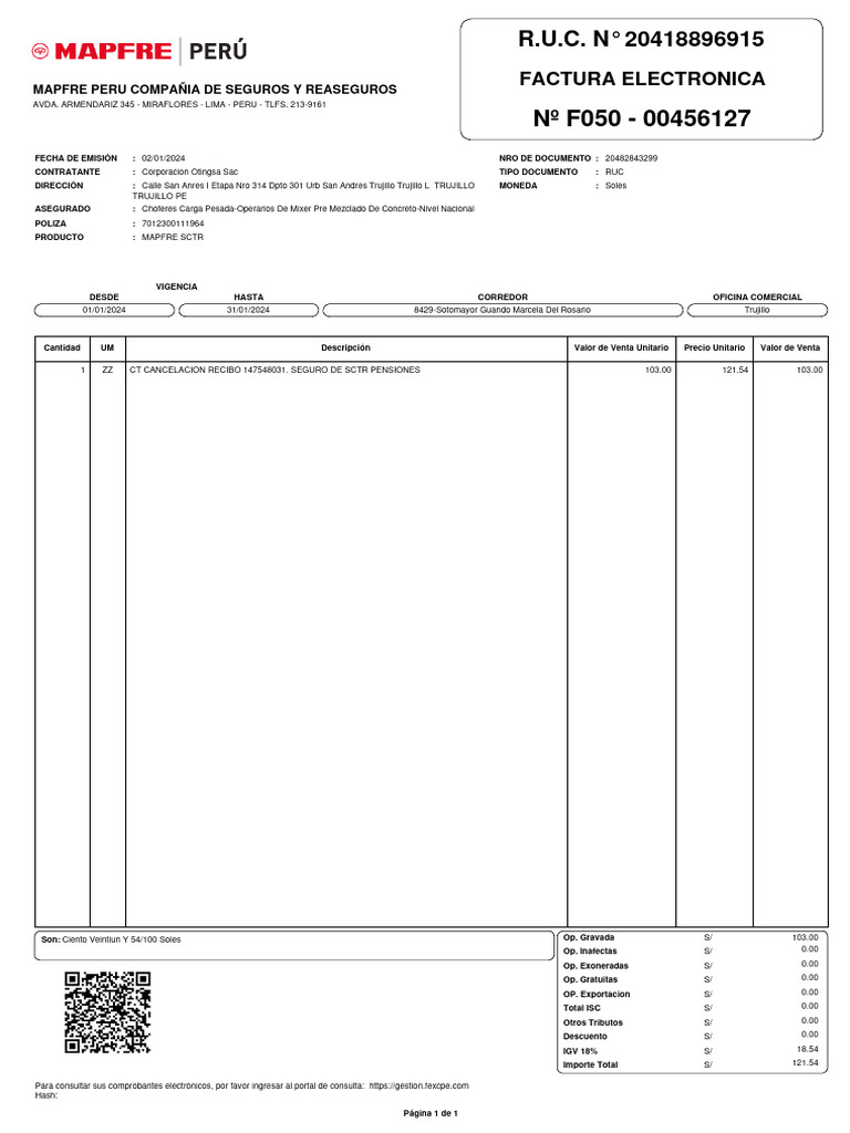 Factura Seguro SCTR MAPFRE Enero 2024 | PDF | Servicios financieros | Seguro