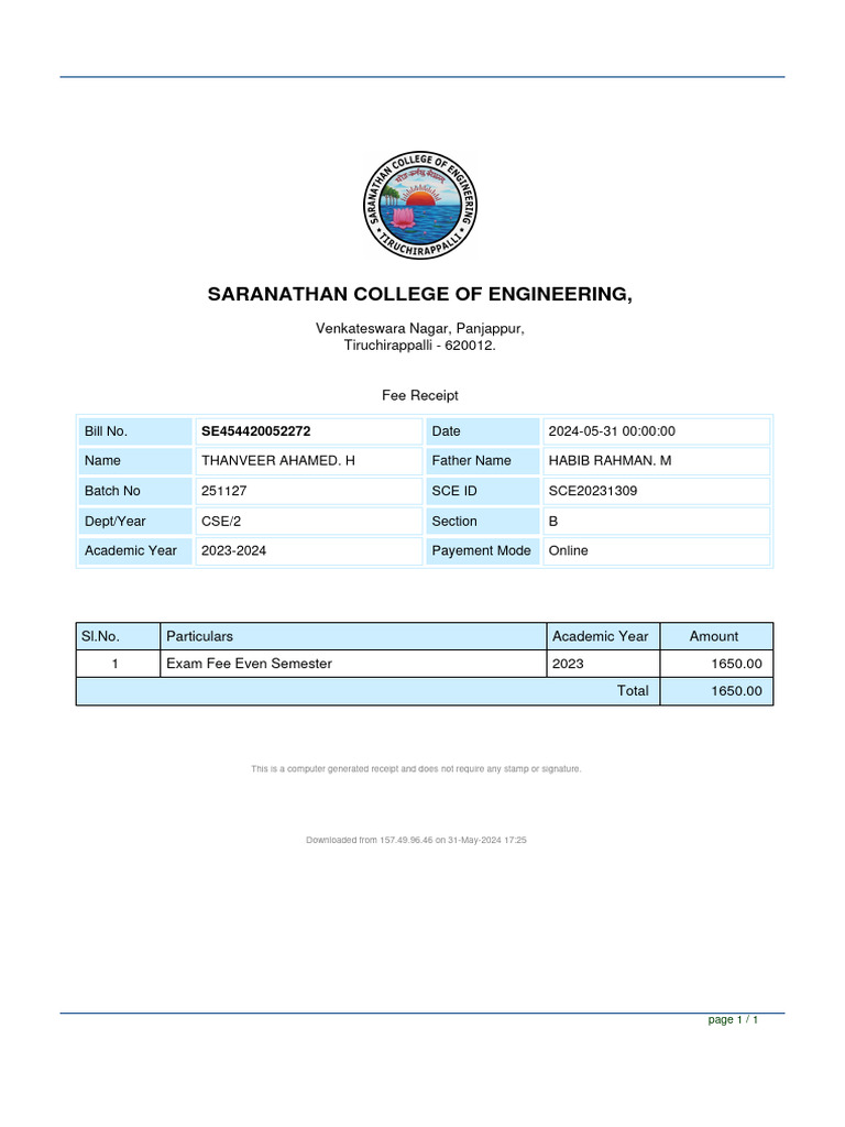 Saranathan College Exam Fee Receipt | PDF