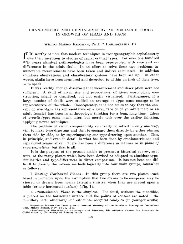 Craniometry & Cephalometry As A Research Tool Krogman 1951 | PDF | Skull
