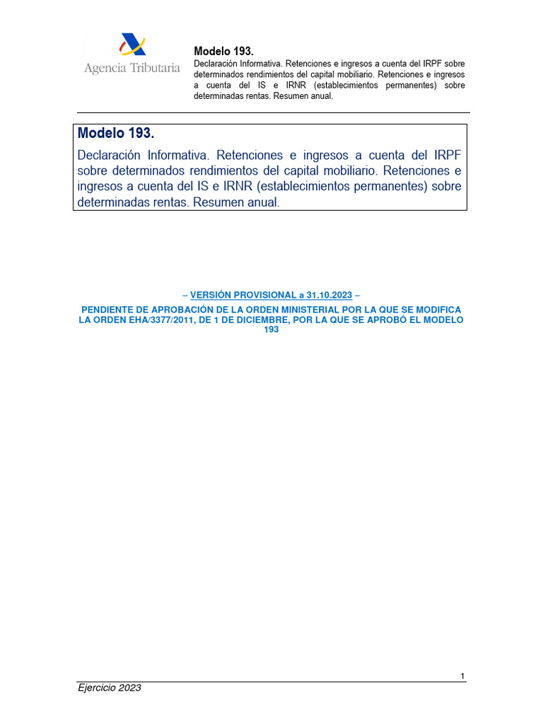 Modelo 193: Resumen Anual de Retenciones IRPF 2023 | PDF | Dividendo | Impuestos