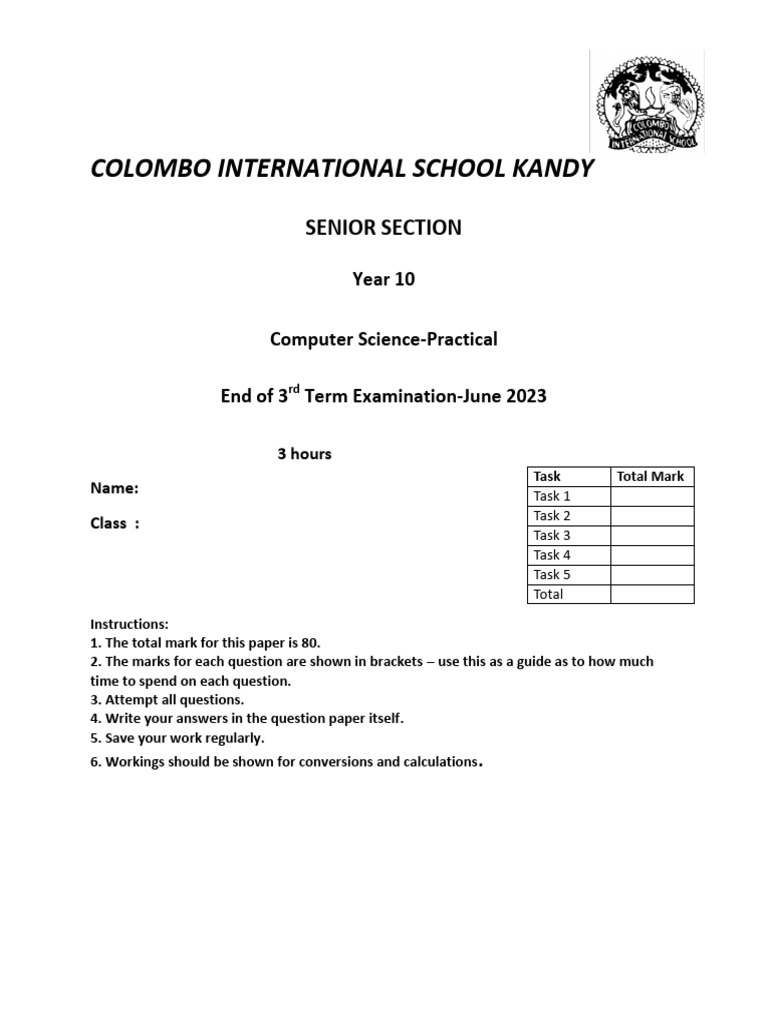 Year 10 Computer Science Exam Paper | PDF | Computer Program | Programming