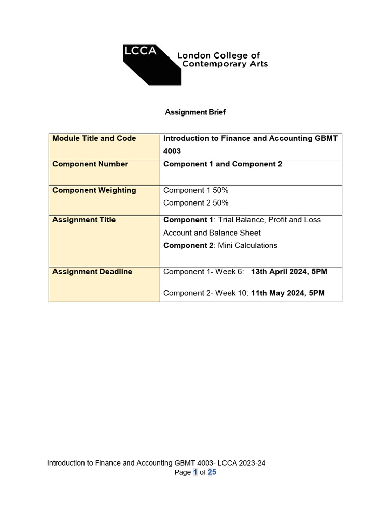 Introduction To Finance and Accounting - Assignment Brief - FEB 24 ...
