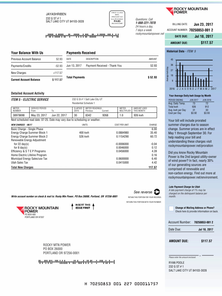Rocky Mountain Power Bill Summary | PDF | Cheque | Economies