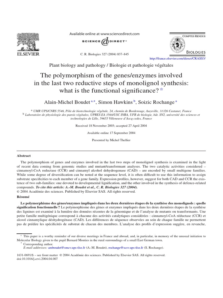 The Polymorphism of The Genes-Enzymes Involved | PDF | Lignin ...