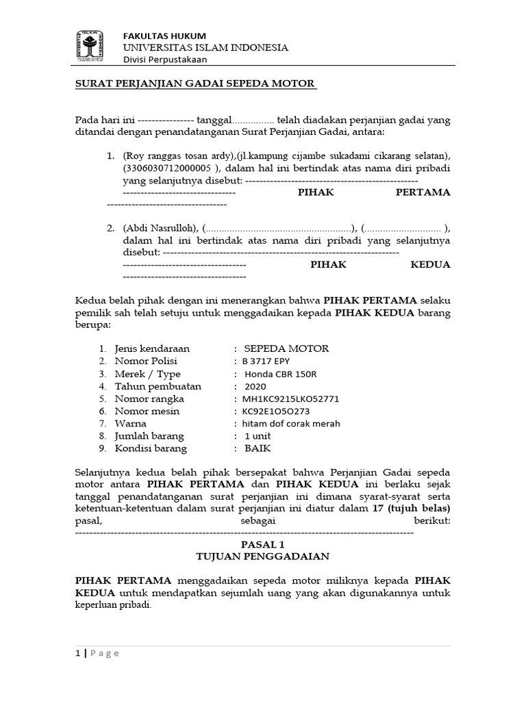 Contoh Surat Perjanjian Gadai Sepeda Motor CBR | PDF | Pengelolaan ...