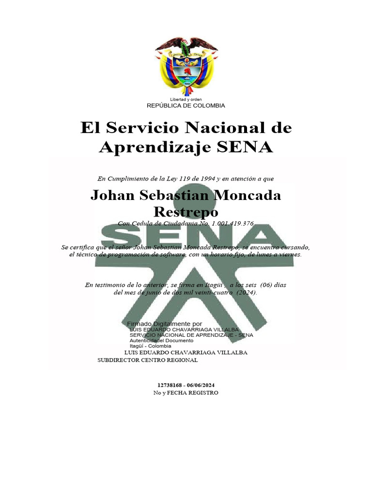 Certificado de Estudio Sena | PDF
