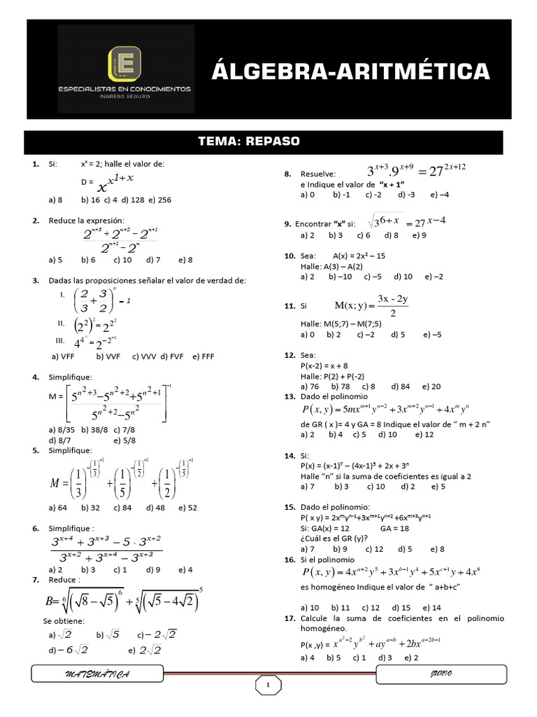 Miscelanea Álgebra - Aritmética 05-06-2024 | PDF | Matemáticas | Álgebra