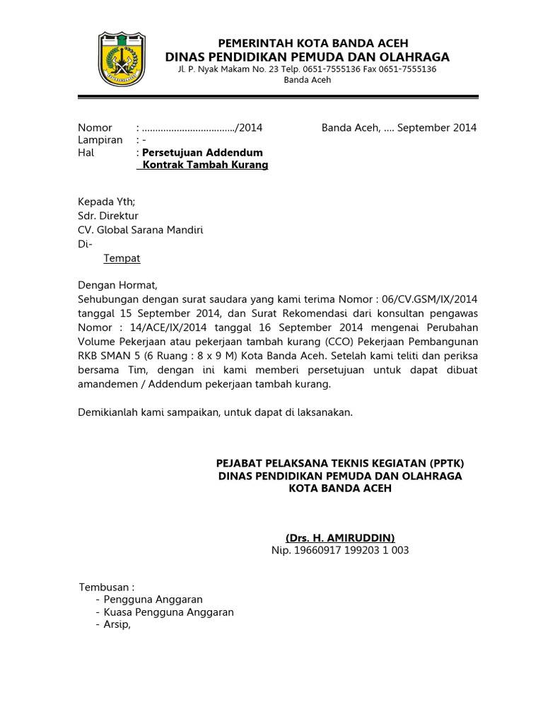 Persetujuan Addendum Pekerjaan RKB SMAN 5 | PDF