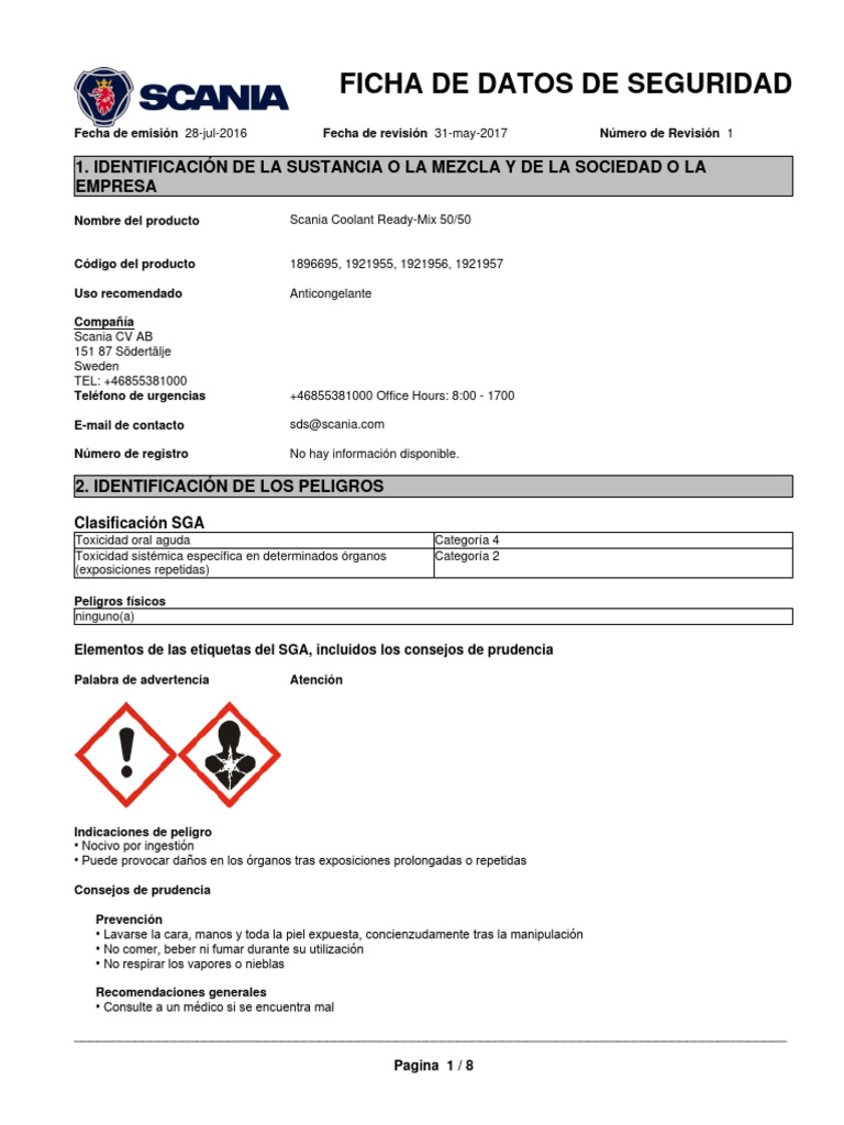 Scania Coolant Ready Mix 50 - 50 - Refrigerante | PDF | Agua | Dióxido de carbono
