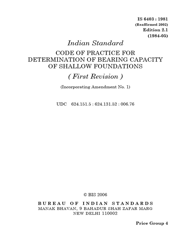 IS 6403 (1981) Code of practice for determination of bearing capacity ...