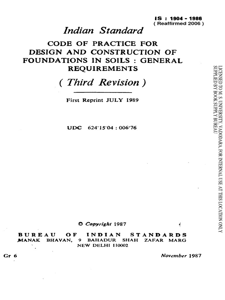 IS 1904 (1986) Code of Practice For Design and Construction of Foundations in Soils | PDF