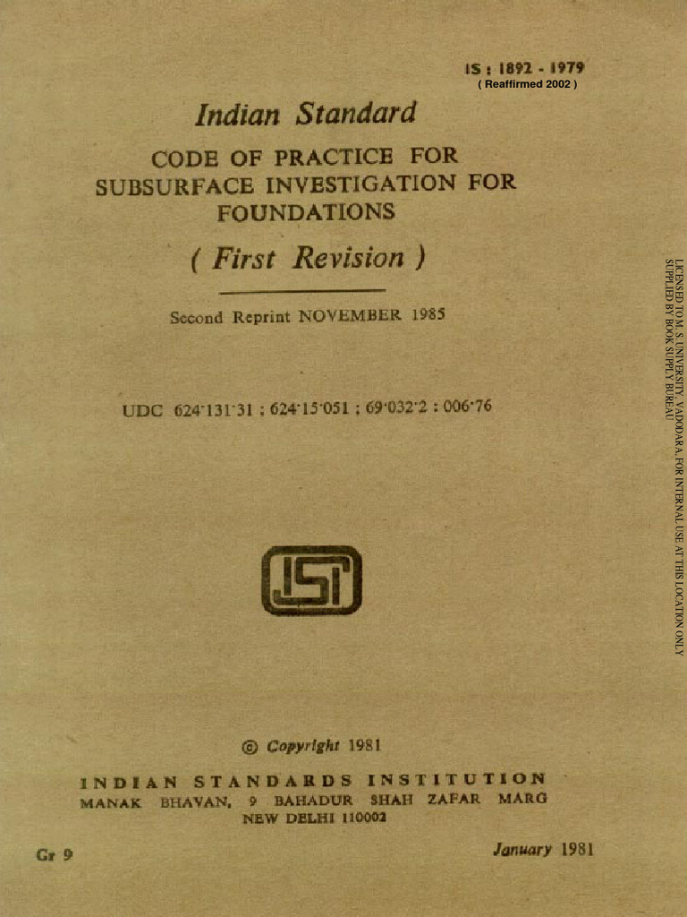 IS 1892 (1979) Code of Practice For Subsurface Investigations For ...