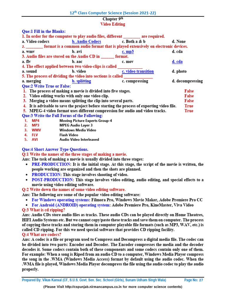 12 Class Computer Science (Session 2021-22) : B. Audio Codecs C. mp3 D ...
