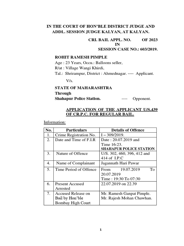 Bail Application for Rohit Pimple, 2023 | PDF | Bail | Arrest