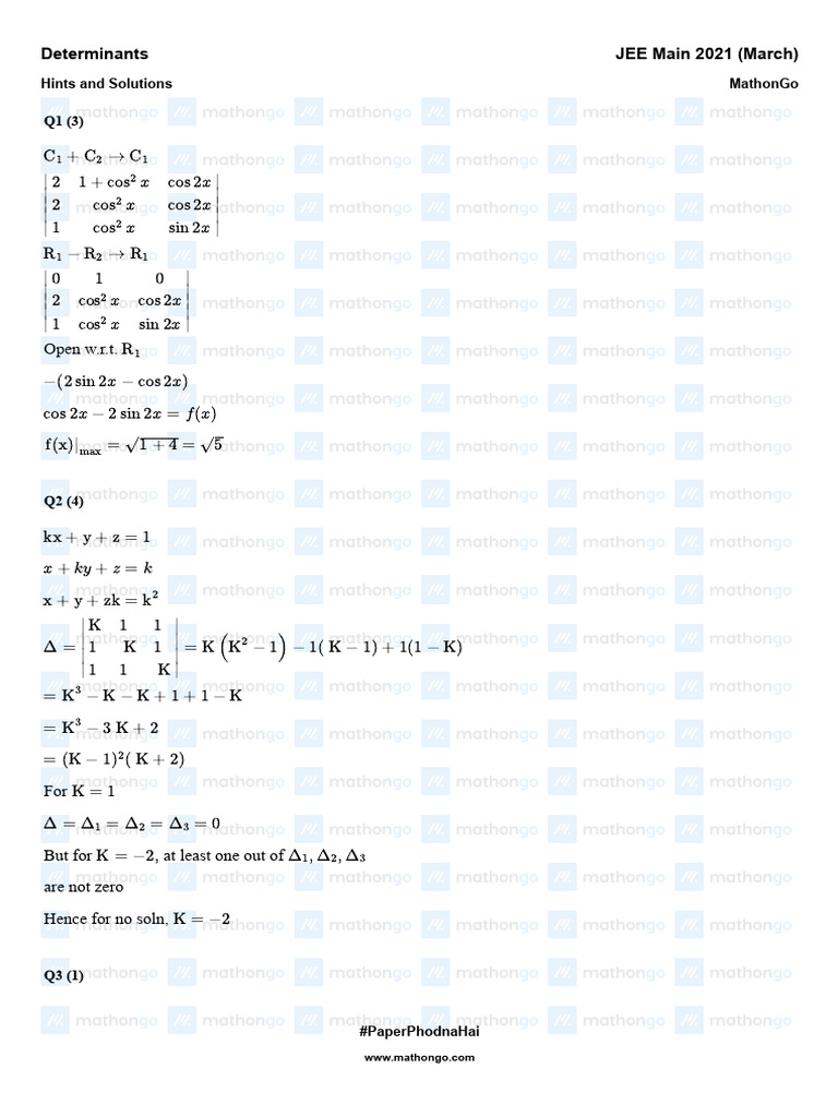 Mathongo Solution Determinants Jee Main 2021 March Chapterwise Y5lAKMbdz94nCPOHJmv3 | PDF