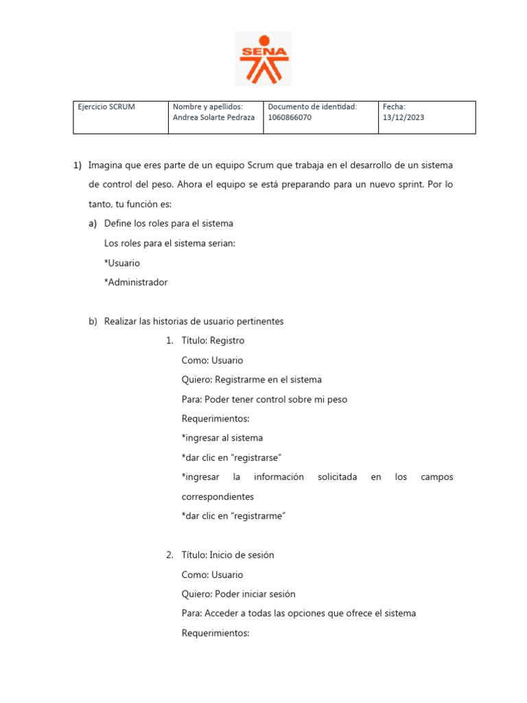 Ejercicio SCRUM | PDF | Scrum (desarrollo de software) | Usuario (informática)