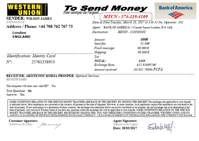RECU-DENVOI-WESTERN-UNION-400€ (2) | PDF | Wire Transfer | Receipt