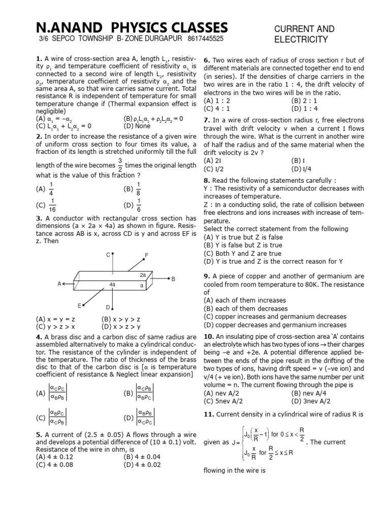 Current electricity dpp | PDF | Electrical Resistivity And Conductivity | Electrical Resistance ...