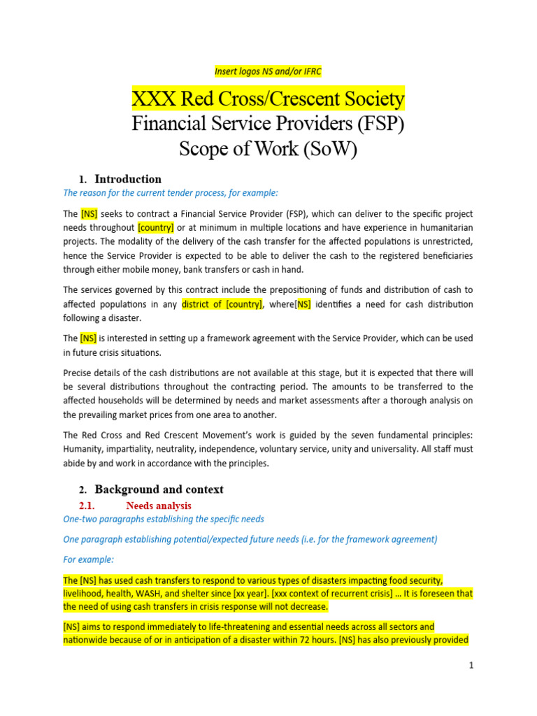 Scope Of Work Framework Agreements Download Free Pdf Cash International Federation Of Red