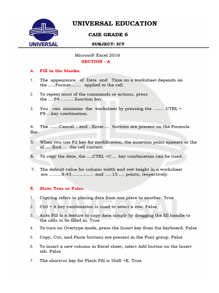 Excel 2016 Basics for Grade 6 Students | PDF | Keyboard Shortcut ...
