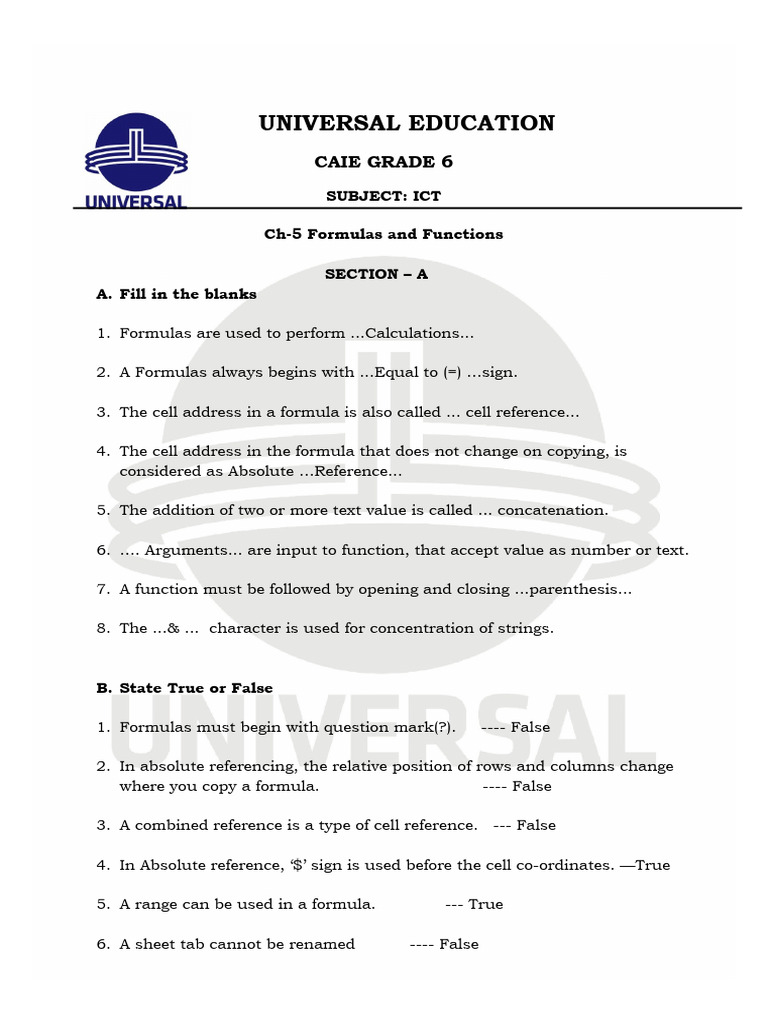 Grade 6 ICT: Formulas & Functions Guide | PDF | Function (Mathematics ...