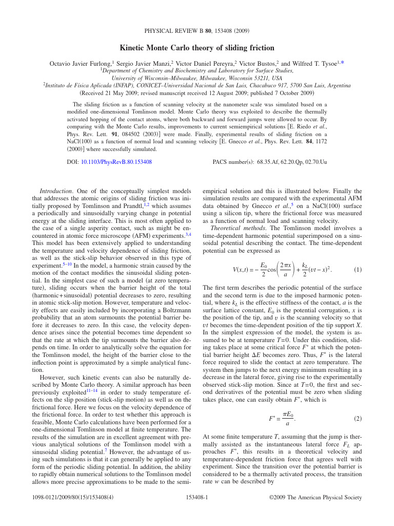 Kinetic Monte Carlo Theory of Sliding FR | PDF | Force | Temperature