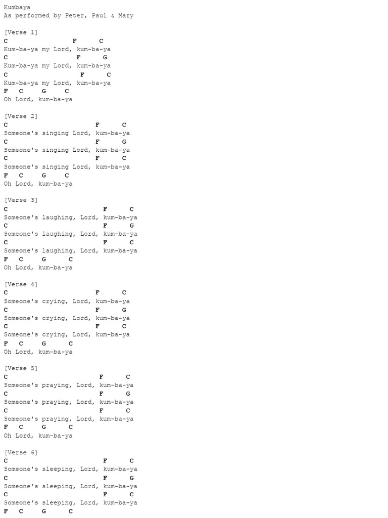 KUMBAYA CHORDS by Peter, Paul and Mary For Guitar, Ukulele, Piano at ...