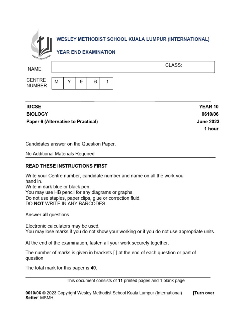 QP P6 Y10 Final Biology 2023 | PDF | Length