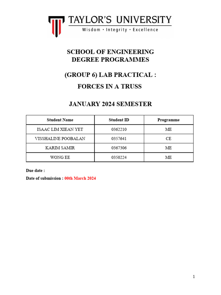 Engineering Statics Lab Report Force in a Truss - Group 6 | Download ...