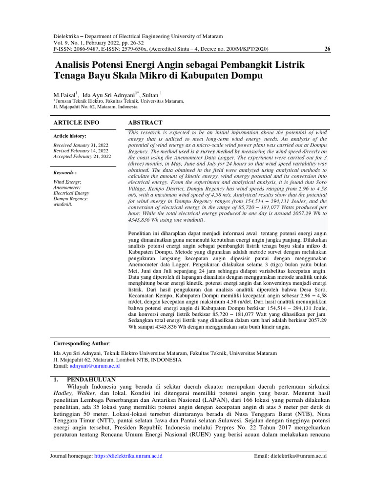 Analisis Potensi Energi Angin Sebagai Pembangkit Listrik Tenaga Bayu ...