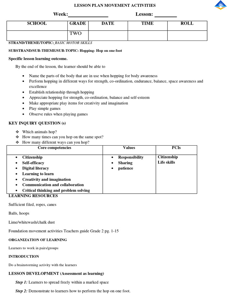 GRADE 2 Basic Motor Skills Lesson Plans Movement Activities Word Format ...
