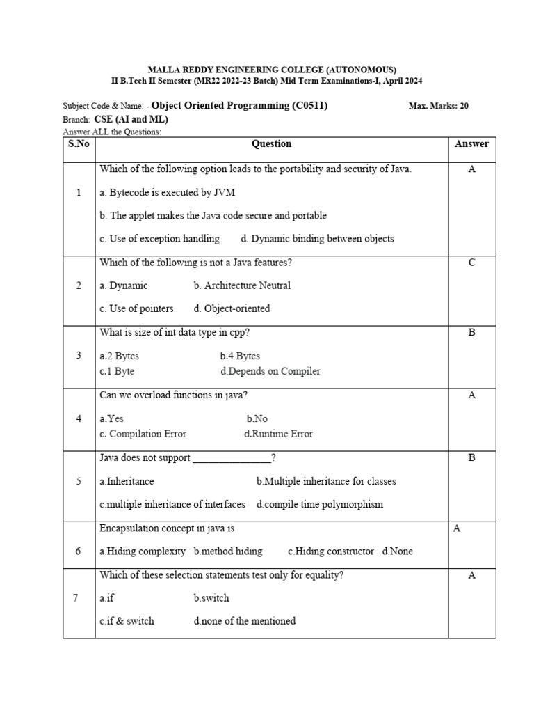 II B.Tech I Sem (MR-21) OOPS Objective Types Questions Bank | PDF | Method (Computer Programming ...