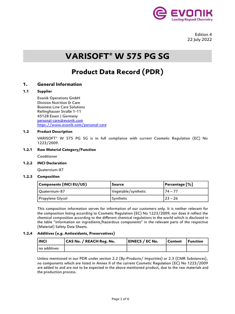 Varisoft W 575 PG SG Ed4 | PDF | Cosmetics | Chemistry
