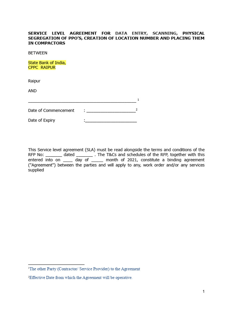 Service Level Agreement For Physical Segregation of Ppo'S, Creation of ...