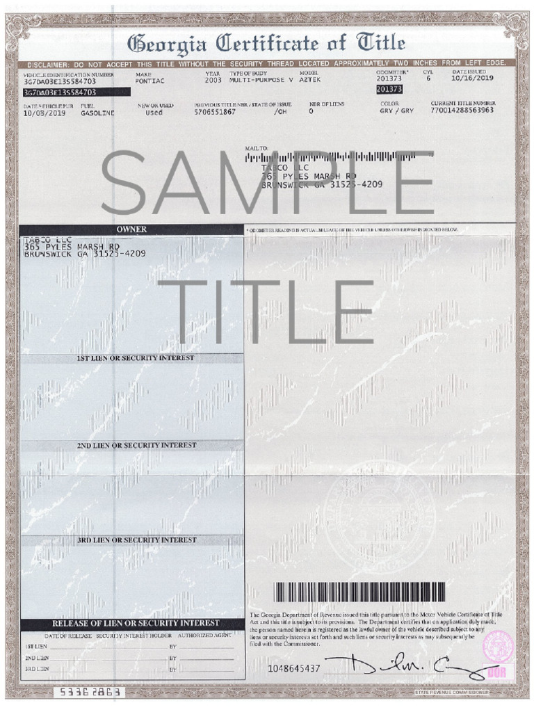 Georgia Vehicle Title Instructions | PDF | Security Interest | Vehicles
