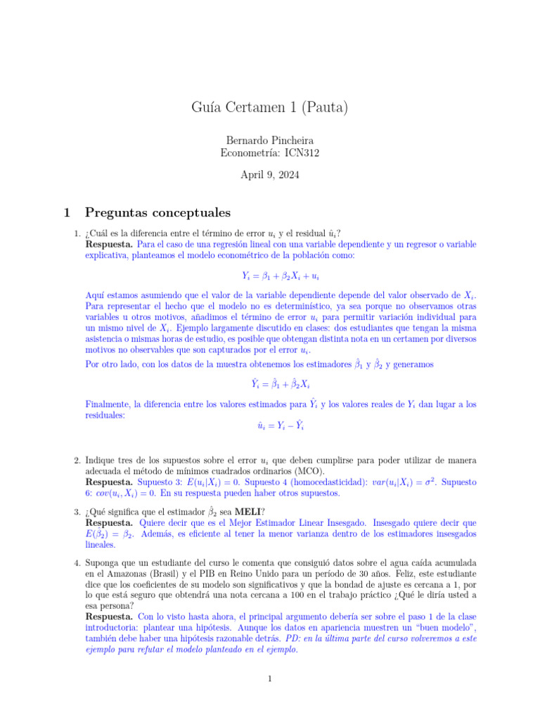 Guía Certamen 1 Econometría ICN312 (Pauta) 2024-1 | Descargar gratis PDF | Mínimos cuadrados ...