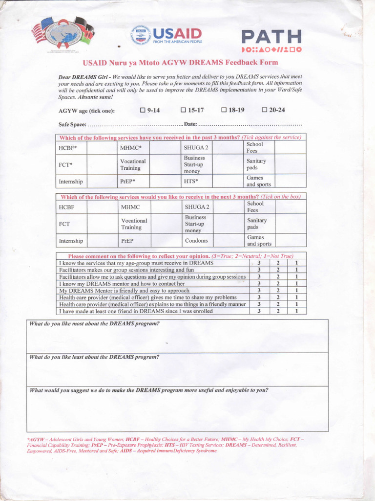AGYW DREAMS Feedback Form | PDF