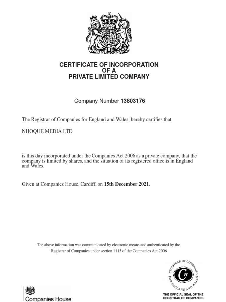 Certificate of Incorporation | PDF