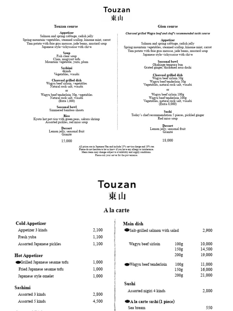 Touzan-Dinner-Menu | PDF | Sushi | Japanese Cuisine